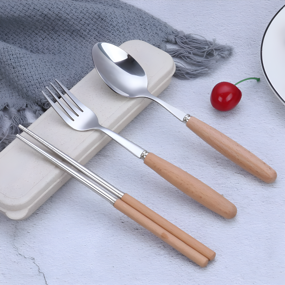 Cutlery Set with Wooden Handle in Wheat Box – Spoon, Fork, Chopsticks ...